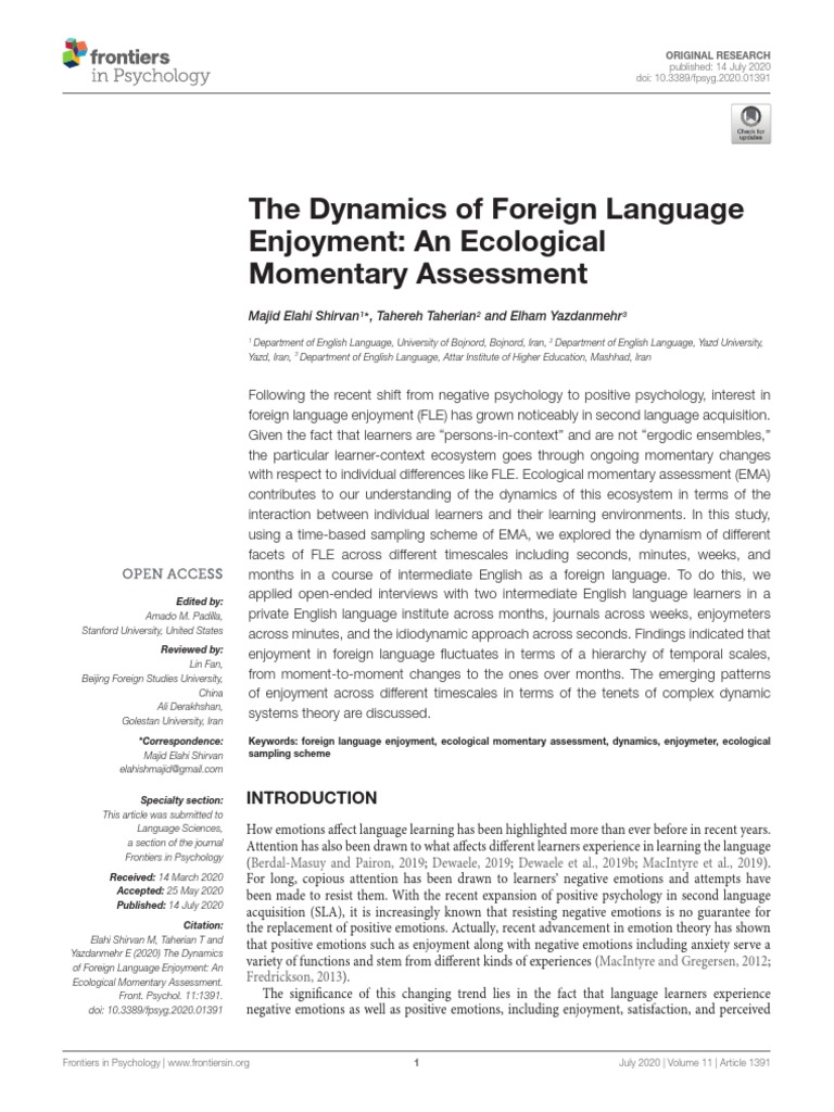 The Dynamics of Foreign Language Enjoyment An Ecological Momentary ...