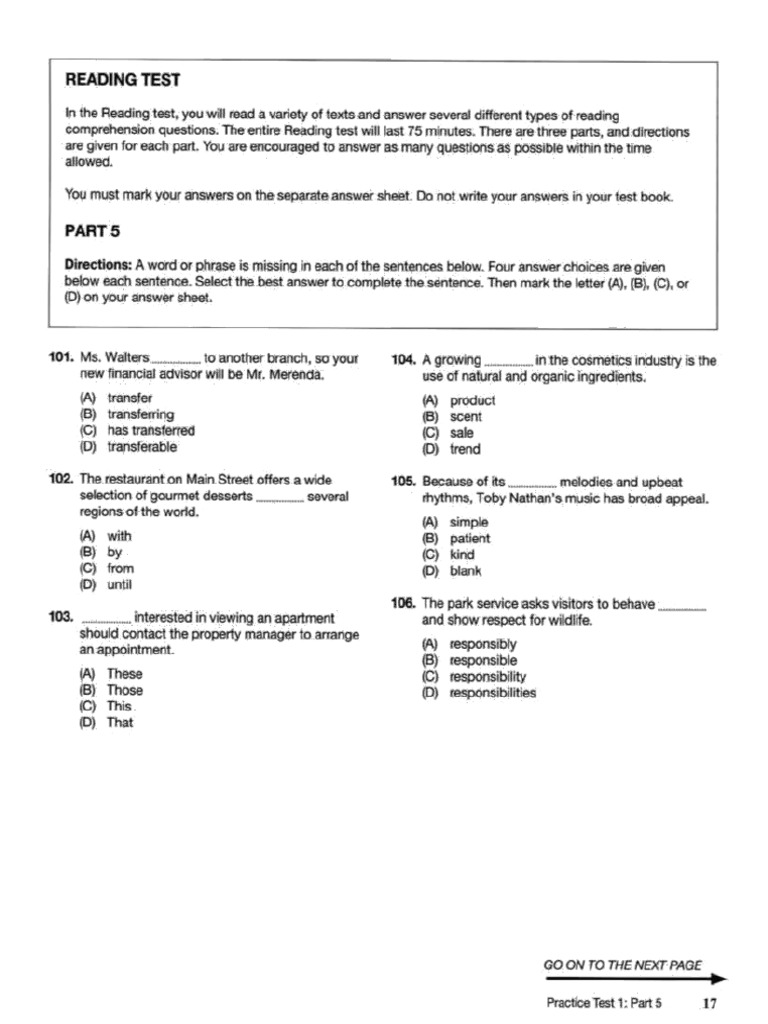 TOEIC READING Explanation and Answer Key | PDF