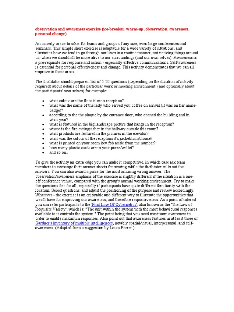 Observation and Awareness Exercise | PDF