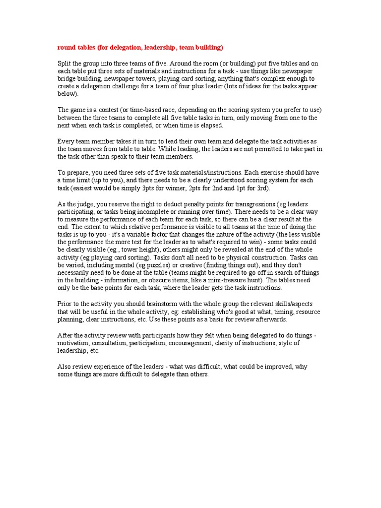 Round Tables (For Delegation, Leadership, Team Building) | PDF ...