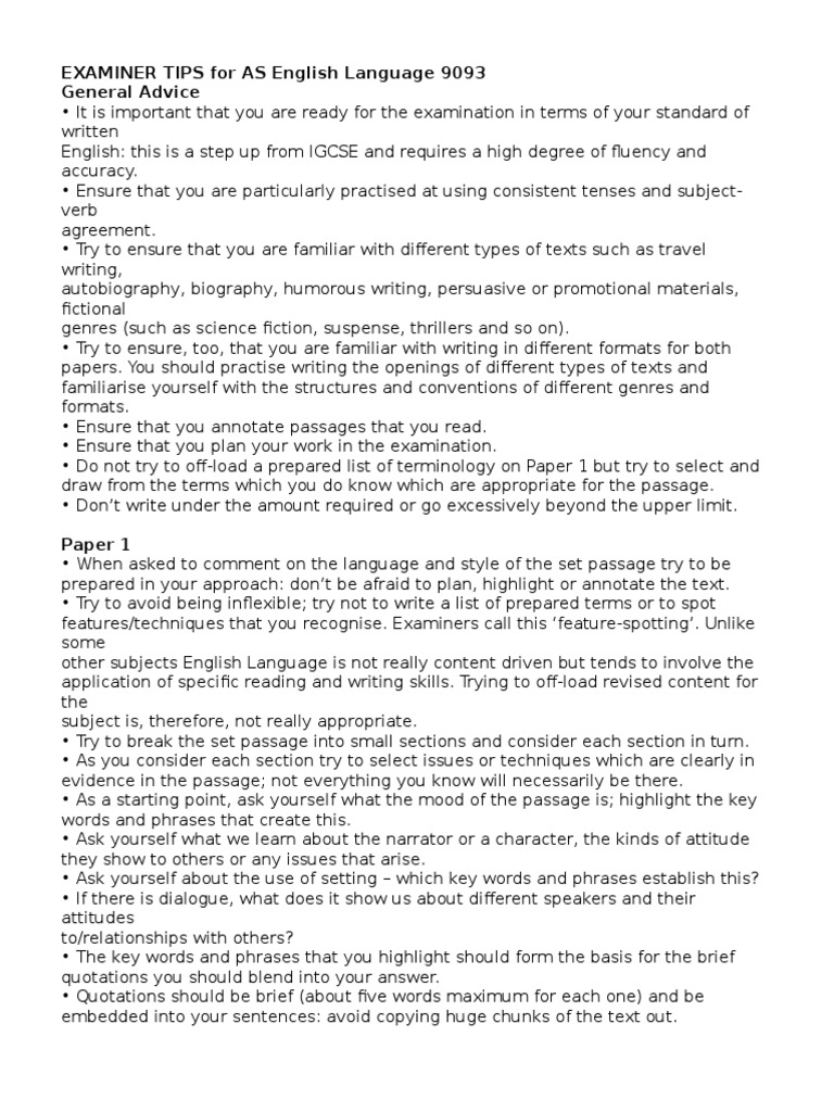 EXAMINER TIPS For AS English Language 9093 General Advice | PDF ...