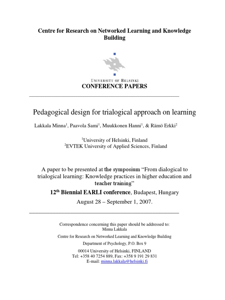 Pedagogical Design For Trialogical Approach On Learning | PDF | Pedagogy | Teachers