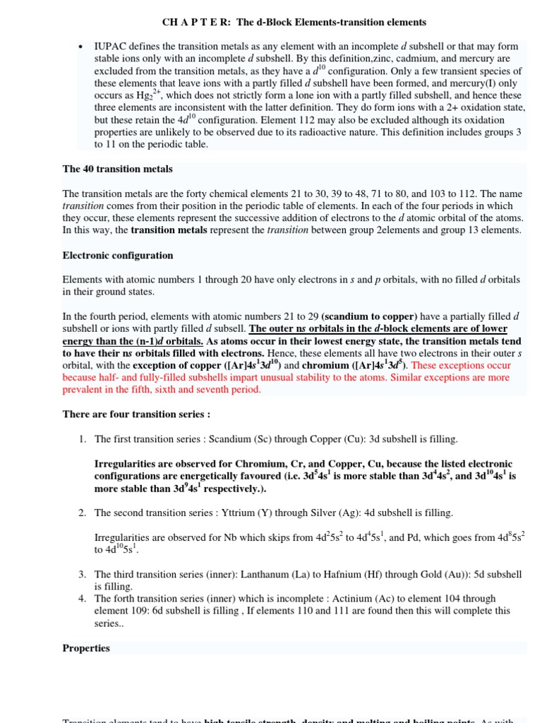 The D-Block Elements-Transition Elements | PDF | Transition Metals ...