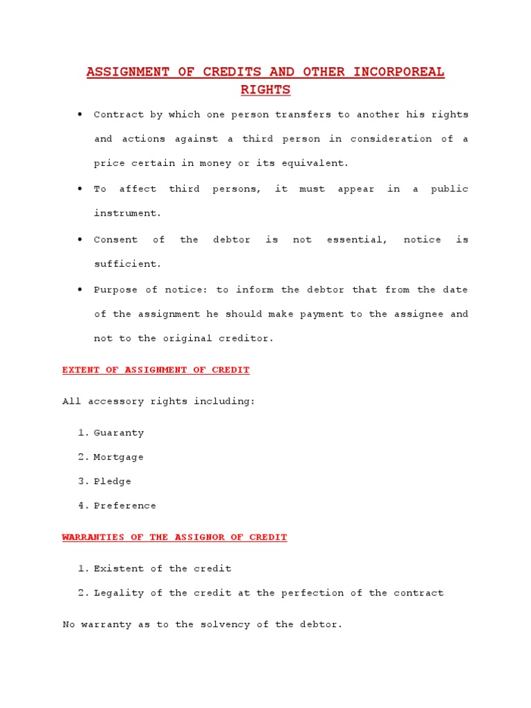 Assignment of Credits and Other Incorporeal Rights | PDF