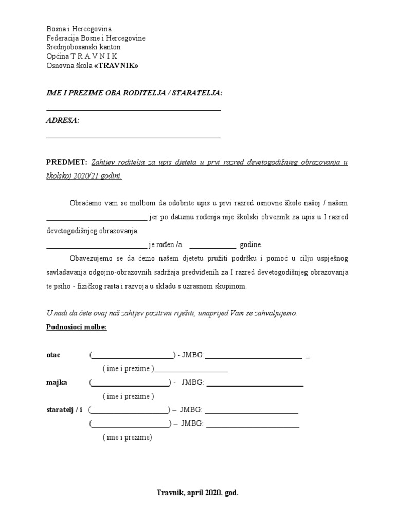 Zahtjev Za Upis U Prvi Razred | PDF