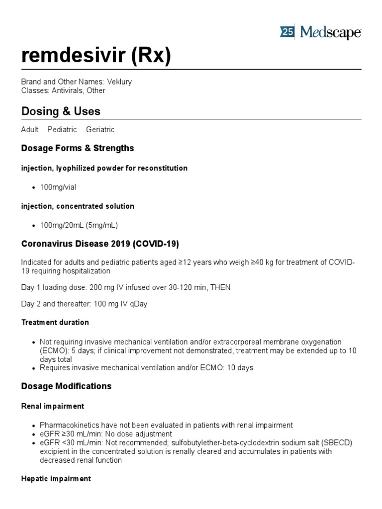 Remdesivir Dosing Guidelines for COVID-19 | PDF | Renal Function | Dose ...