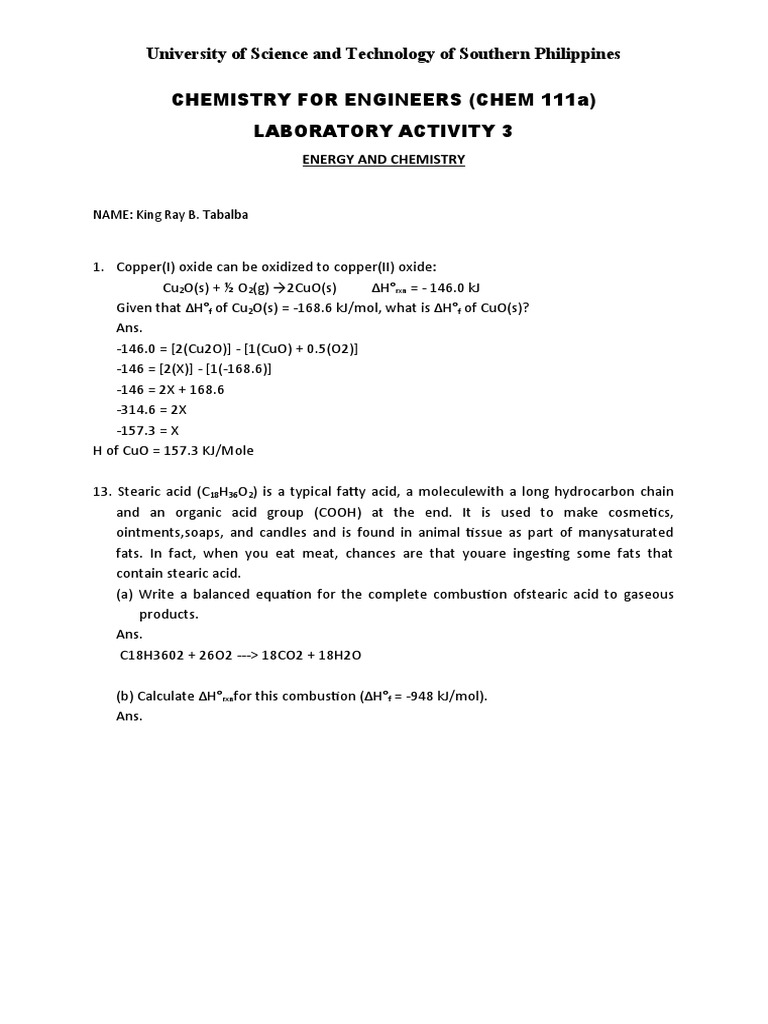 Chemistry For Engineers (Chem 111A) Laboratory Activity 3: University ...