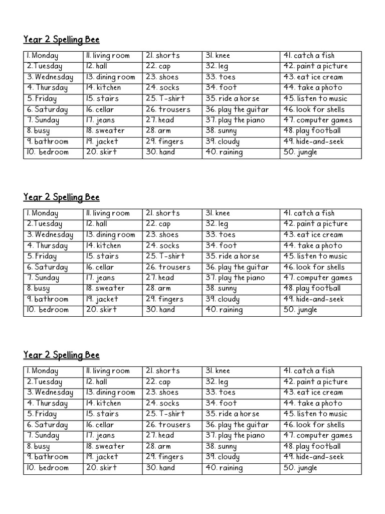Year 2 Spelling List | PDF | Clothing | Entertainment (General)