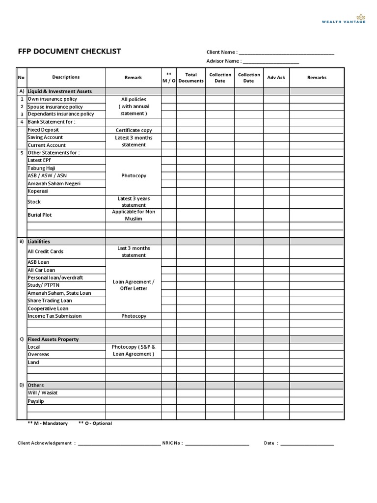 FFP Document Checklist: Liquid & Investment Assets | PDF