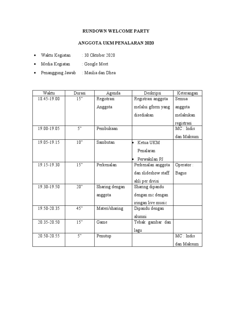 Rundown Welcome Party | PDF
