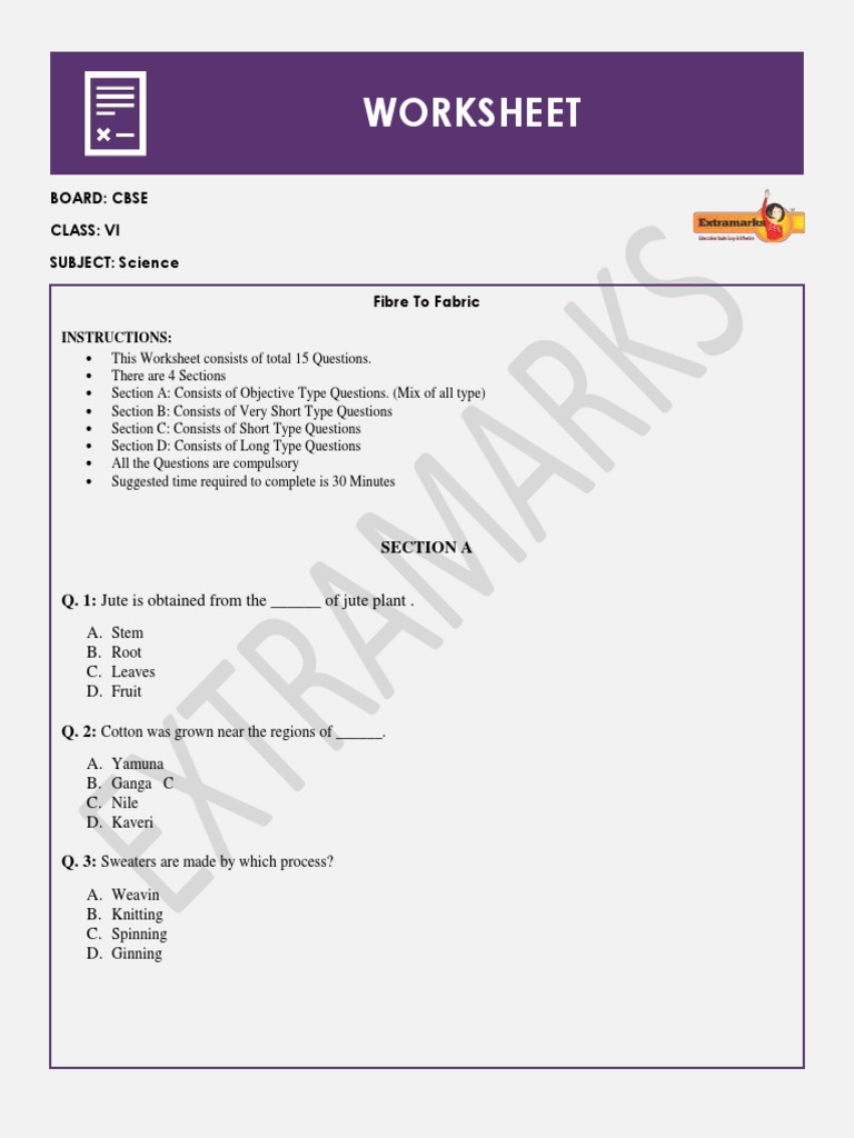 Fibre to Fabric Worksheet for Class VI | PDF