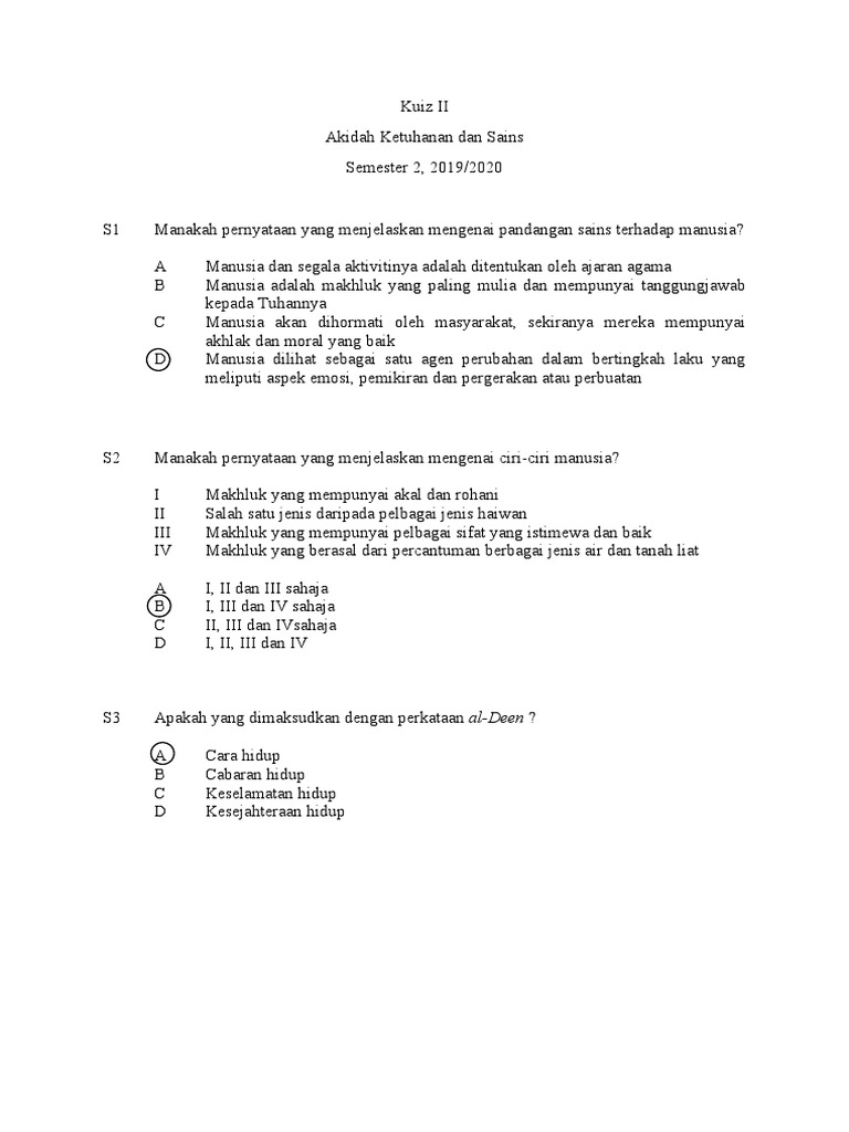 Kuiz II Akidah Ketuhanan Dan Sains | PDF | Agama & Spiritualitas