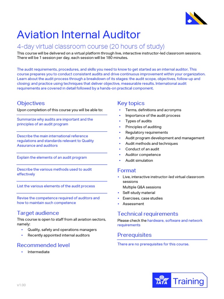 Aviation Internal Auditor: 4-Day Virtual Classroom Course (20 Hours of ...