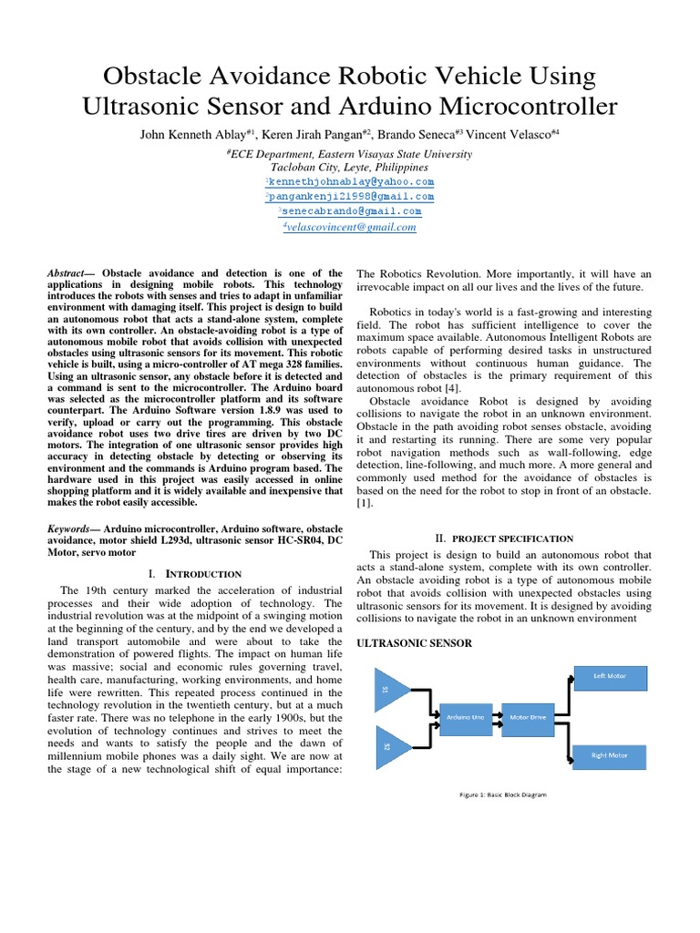 Obstacle Avoidance Robotic Vehicle Using Ultrasonic Sensor and Arduino Microcontroller | PDF ...