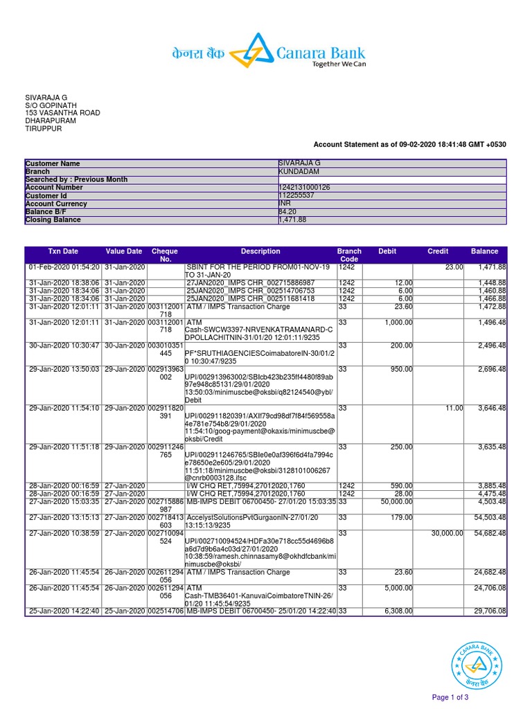 Account Statement for Sivaraja G as of 09-02-2020 Detailing Transaction ...