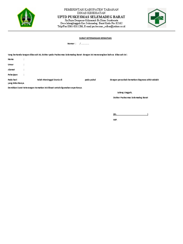 Surat Keterangan Kematian Puskesmas Tabanan | PDF
