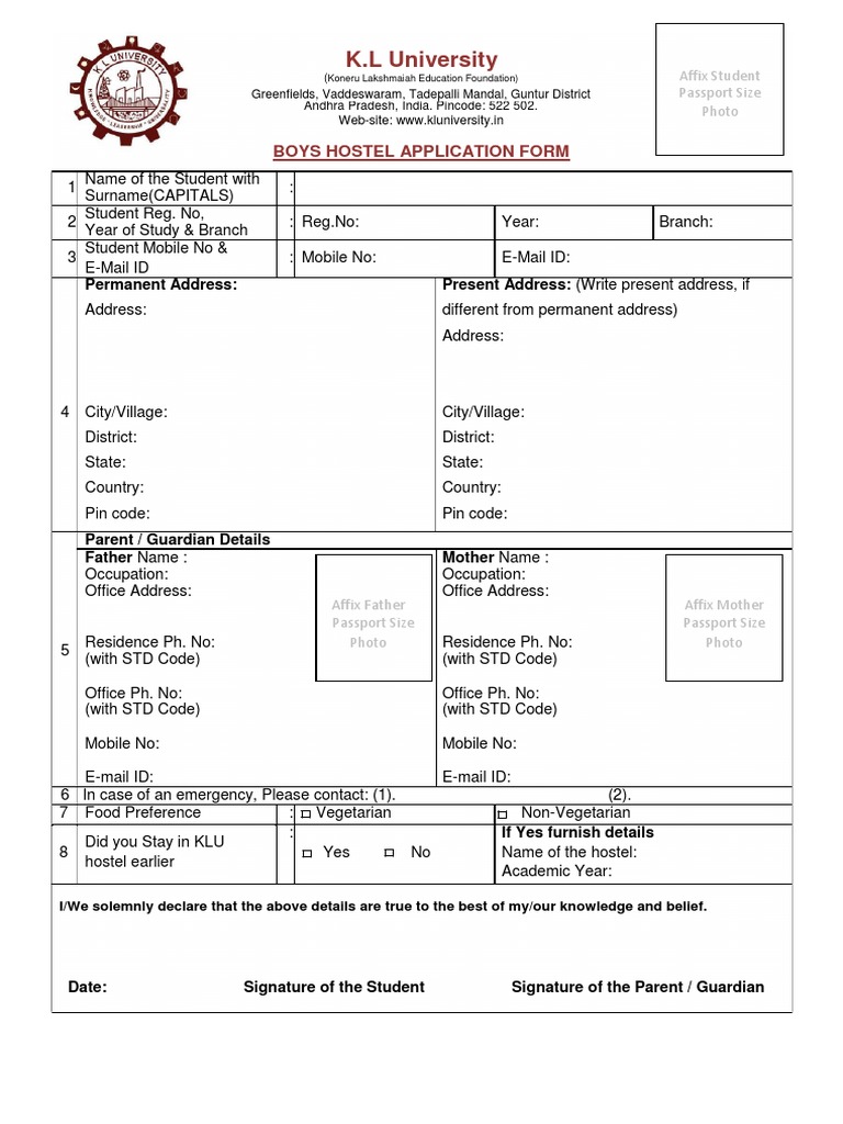 K.L University: Boys Hostel Application Form | PDF | Fee | Legal Guardian