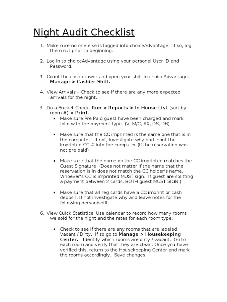 Night Audit Checklist Tasks | PDF | Credit Card | Audit