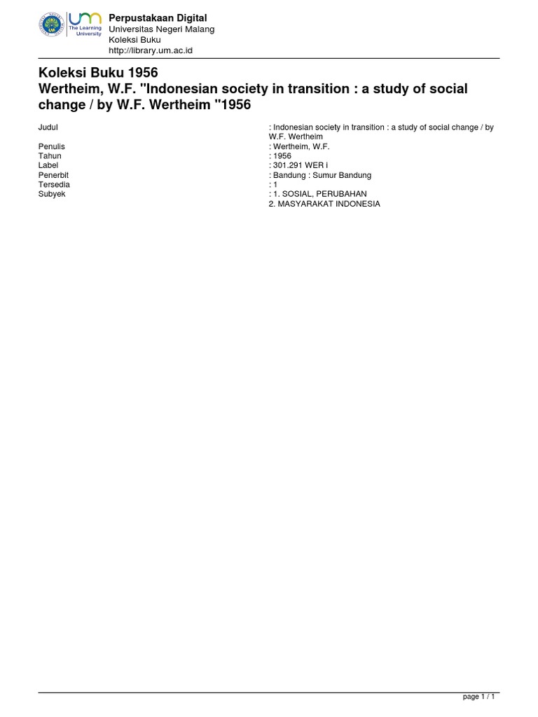 Koleksi Buku 1956 Wertheim, W.F. "Indonesian Society in Transition: A ...