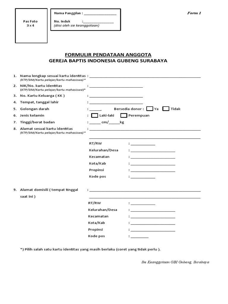 Formulir Pendataan Anggota Jemaat | PDF