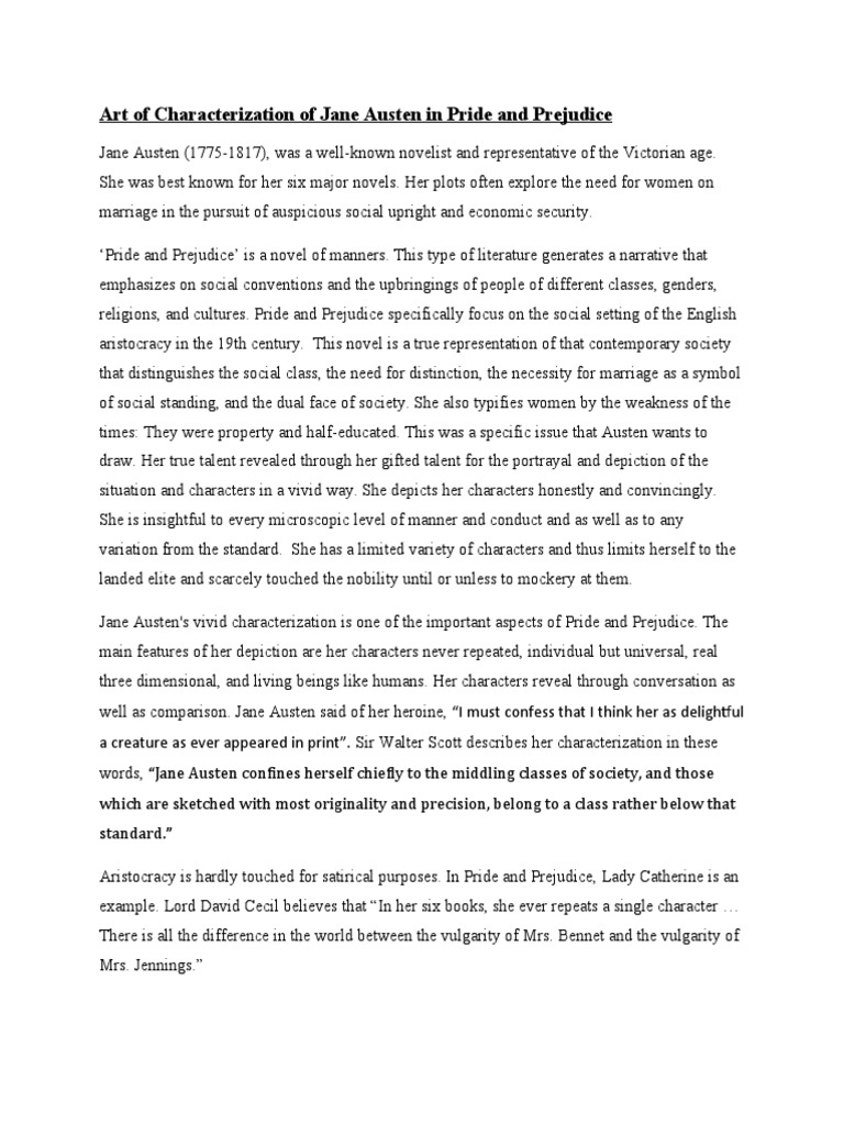 Art of Characterization of Jane Austen in Pride and Prejudice | PDF ...