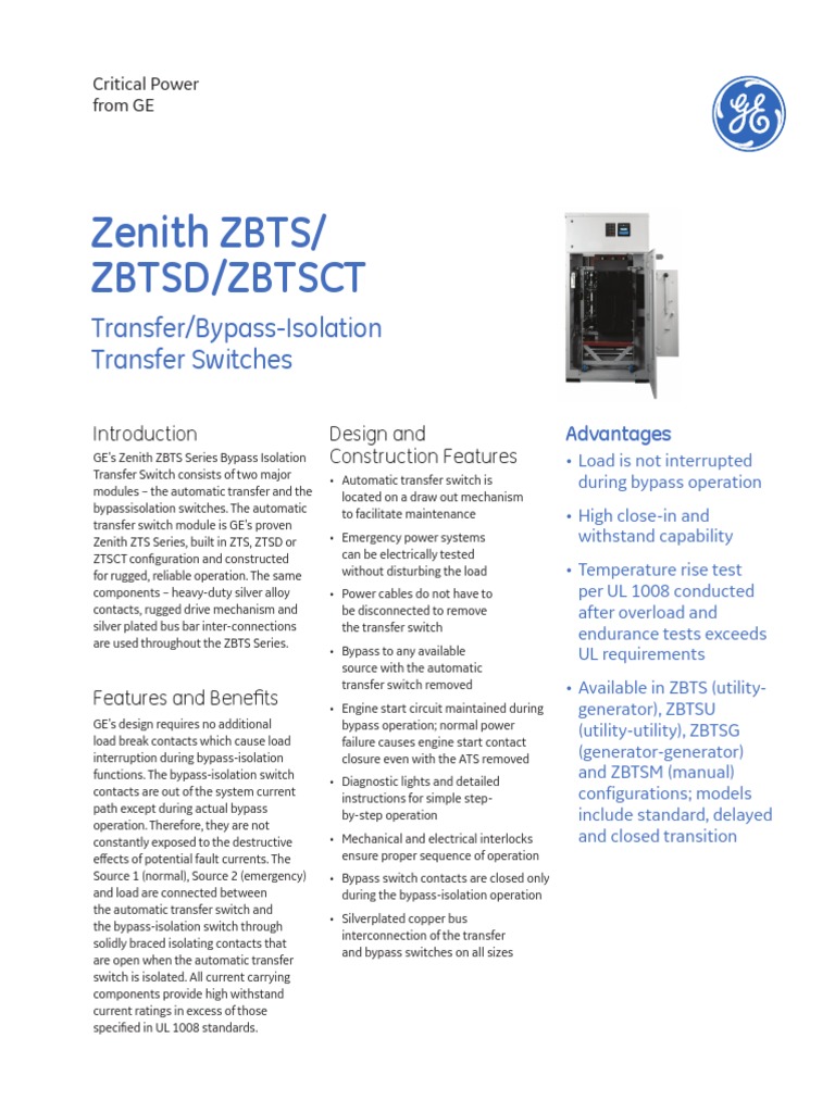 Zenith ZBTS/ ZBTSD/ZBTSCT: Transfer/Bypass-Isolation Transfer Switches ...