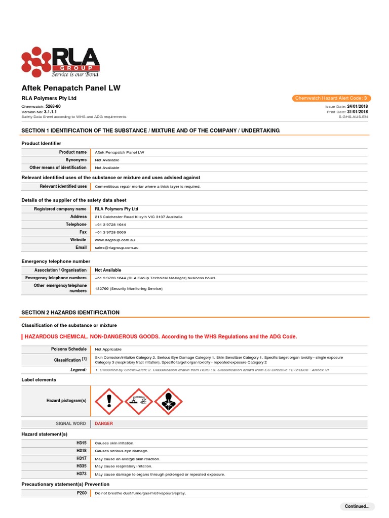 AFTEK - Penapatch Panel LW MSDS 2018 | PDF | Toxicity | Chemicals