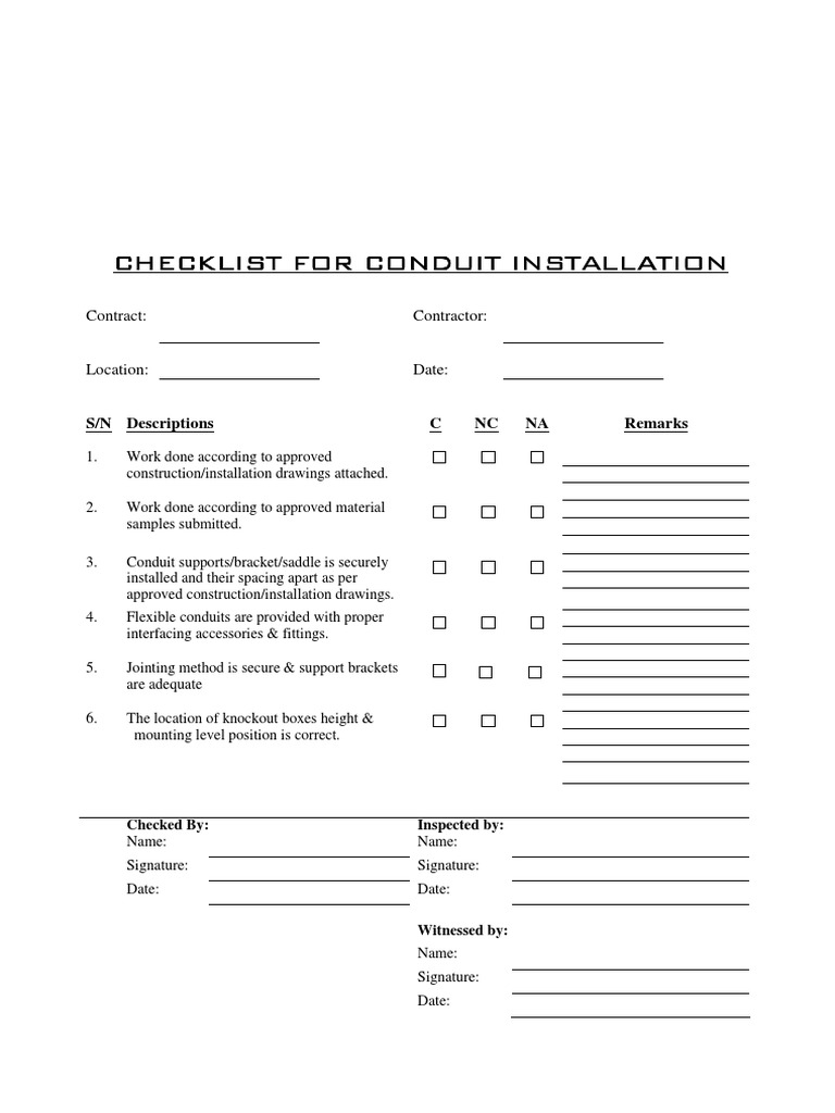Checklist For Checklist For Checklist For Checklist For Conduit Conduit ...