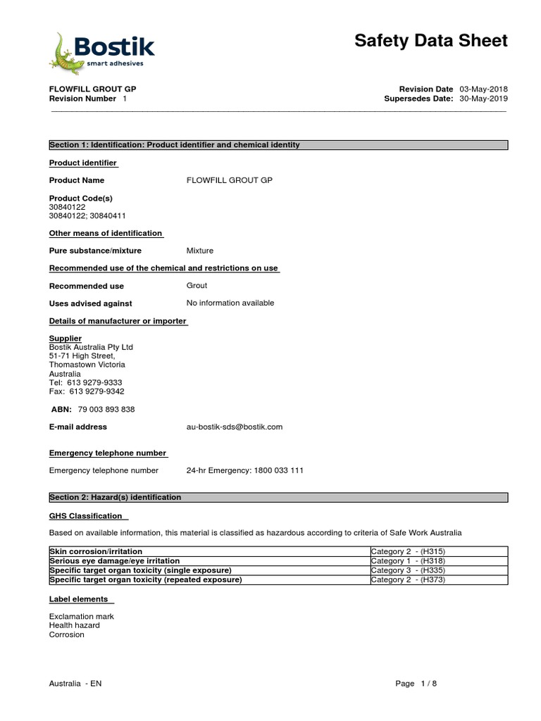 BOSTIK - Flowfill Grout GP SDS 2019 | PDF | Toxicity | Safety