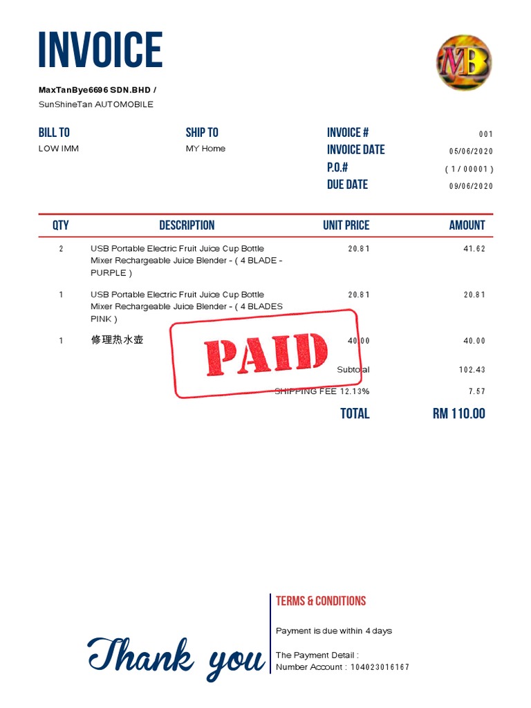 Invoice for Two Portable Electric Juice Blenders and Water Heater ...