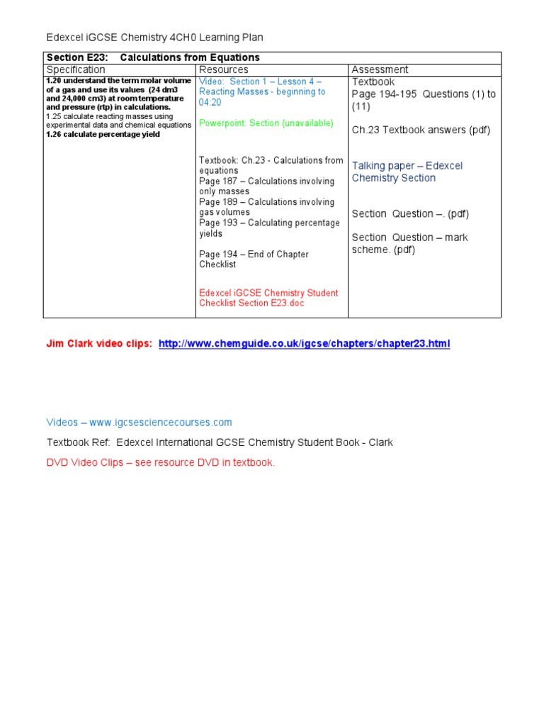 Edexcel iGCSE Chemistry 4CH0 Section E23 Calculations From Equations | PDF