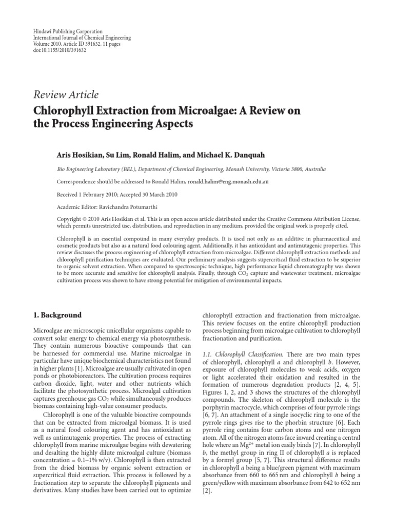 Chlorophyll Extraction From Microalgae A PDF | PDF | Supercritical ...