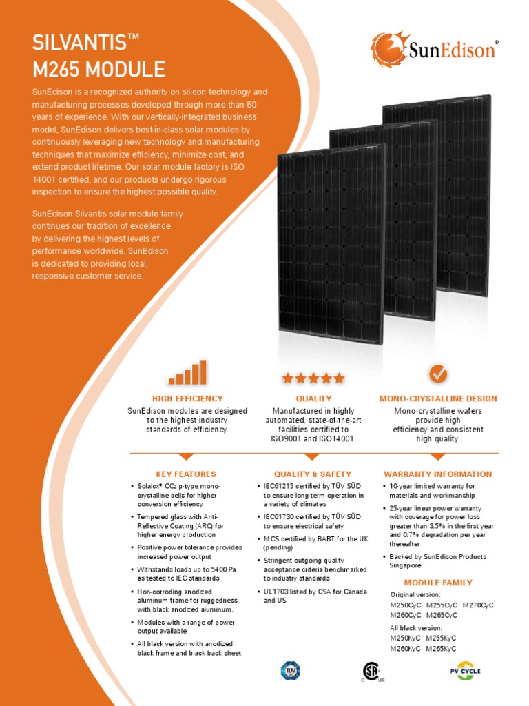 Painel Fotovoltaico SunEdison - M265 - 250-270 | PDF | Solar Panel | Materials