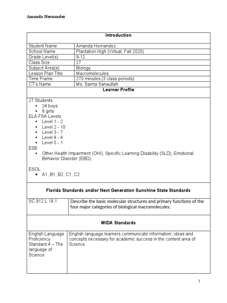 Macromolecule Lesson Plan Template | PDF | Education Theory ...