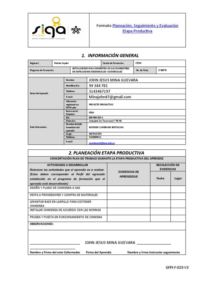 FORMATO F23 FICHA 1749978 Sena | PDF | Evaluación | Planificación