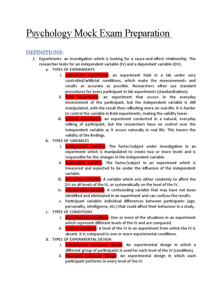 Psychology Mock Exam Preparation | PDF | Experiment | Hypothesis