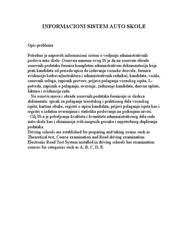 Informacioni Sistem Auto Skole | PDF