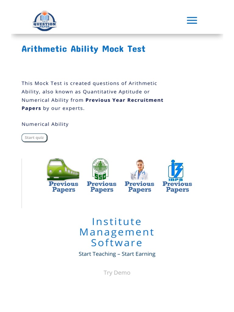 Arithmetic Ability Mock Test - Previous Papers - Question Paper | PDF