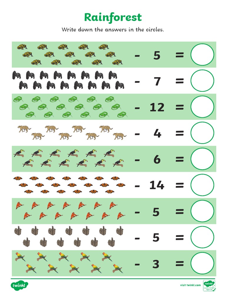 T T 28792 Rainforest Themed Subtraction Within 20 Activity Sheet - Ver ...