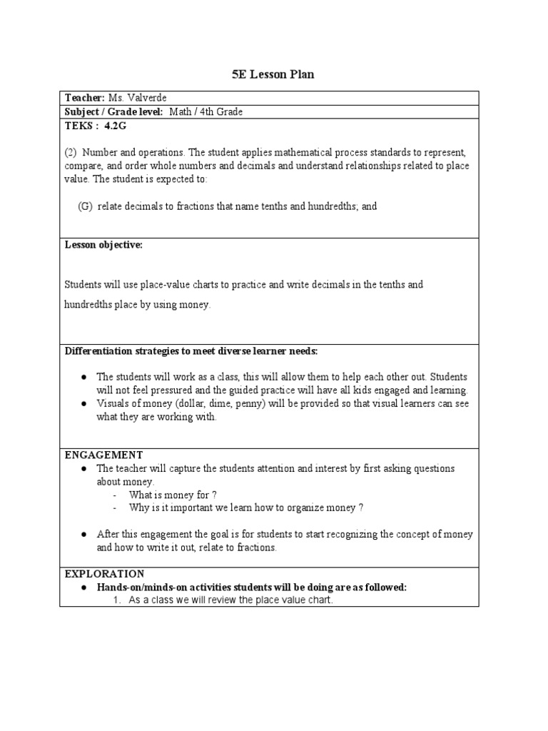5e Lesson Plan Decimals With Money | PDF | Lesson Plan | Semiotics