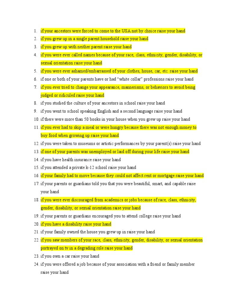 Privilege Walk Questions | PDF | Gender | Gender Studies