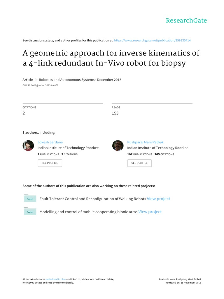 A Geometric Approach For Inverse Kinematics of A 4 Link Redundant in Vivo Robot | PDF | Robot ...