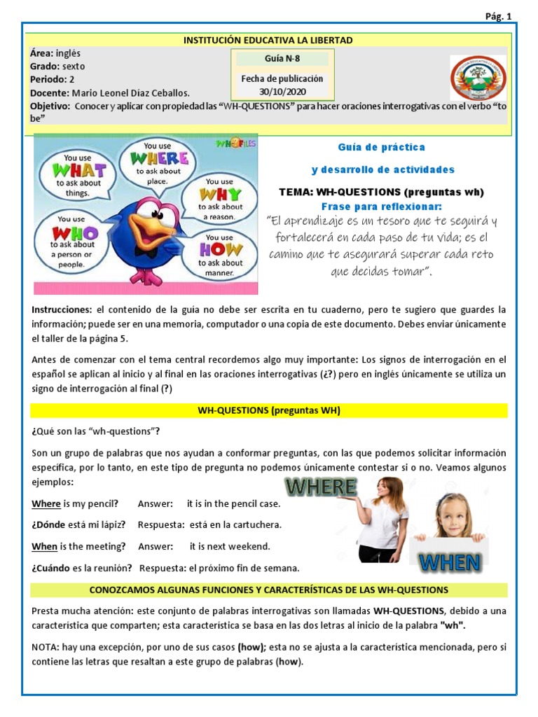 6º Guia 8 Uso de Las WH-QUESTIONS | PDF | Oración (Lingüística) | Sintaxis
