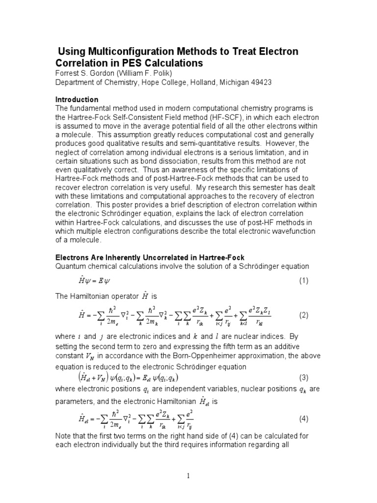 Using Multiconfiguration Methods To Treat Electron Correlation in PES Calculations | PDF ...
