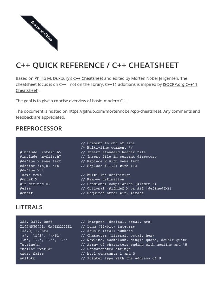 C++ Quick Reference / C++ Cheatsheet: Preprocessor | PDF | Constructor (Object Oriented ...