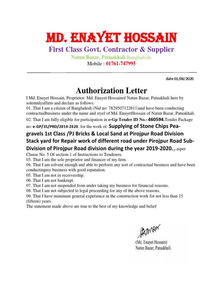 Contractor Authorization Letter | PDF | Business | Finance & Money ...
