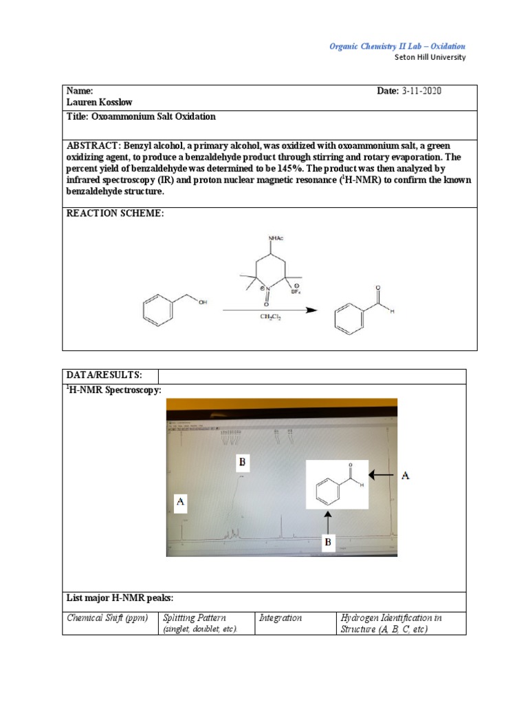 Oxidation of Benzyl Alcohol Lab Report | PDF | Proton Nuclear Magnetic ...