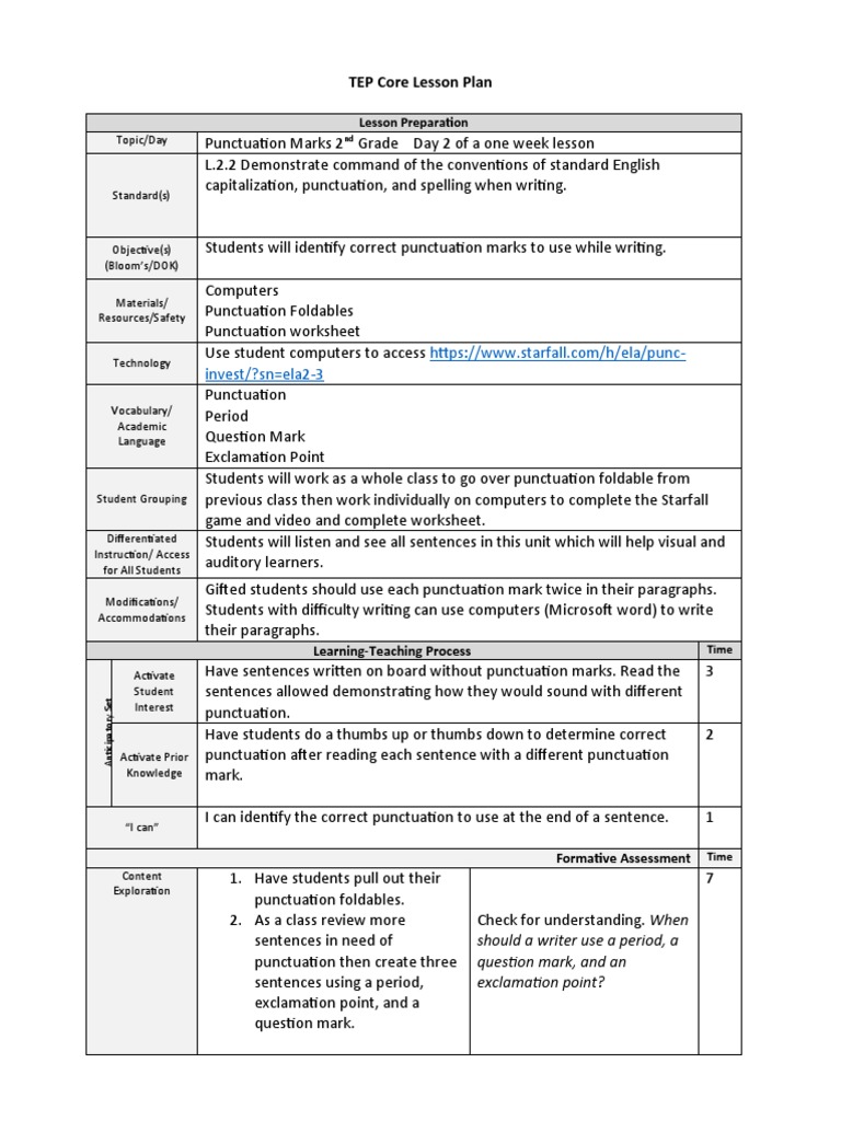 Punctuation Lesson Plan | PDF | Punctuation | Lesson Plan