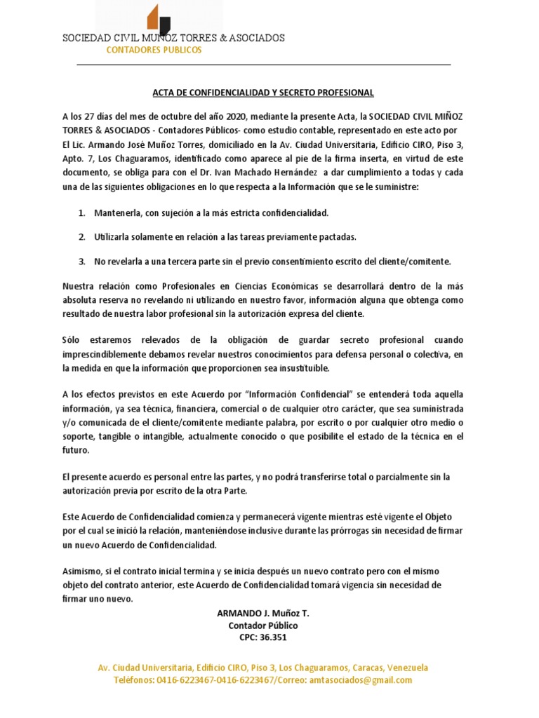 ACTA DE CONFIDENCIALIDAD Y SECRETO PROFESIONAL Clinica ATIAS | PDF ...
