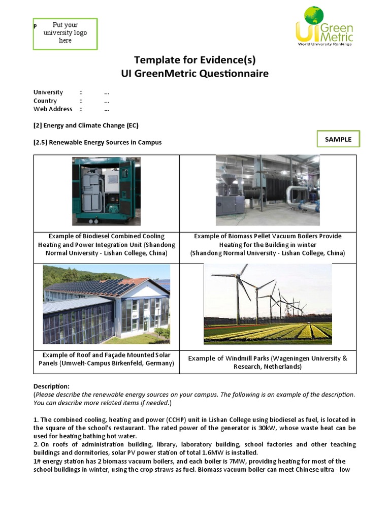 Template For Evidence (S) Ui Greenmetric Questionnaire | PDF